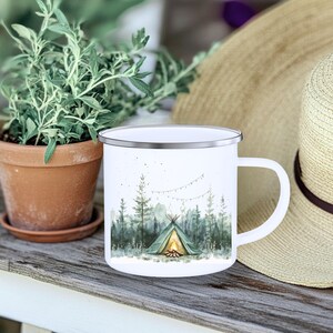 Rustic Pine Woods Camping Mug, Watercolor Tent & Campfire Enamel Mug ...