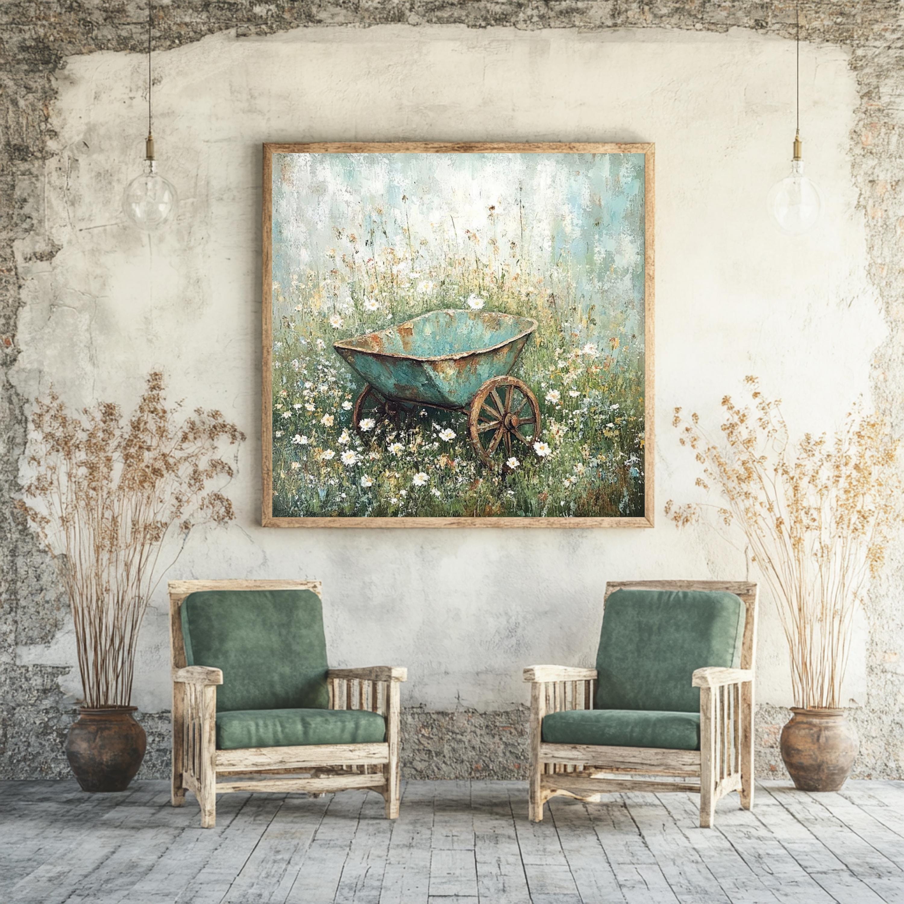 Farmhouse Rusty Wheelbarrow Canvas Framed Wall Art, Country Meadow ...