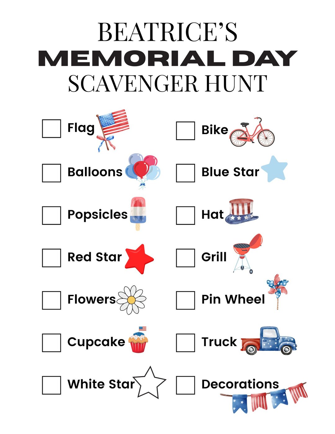 PERSONALIZED Memorial Day Scavenger Hunt for Kids & Toddlers! - Etsy