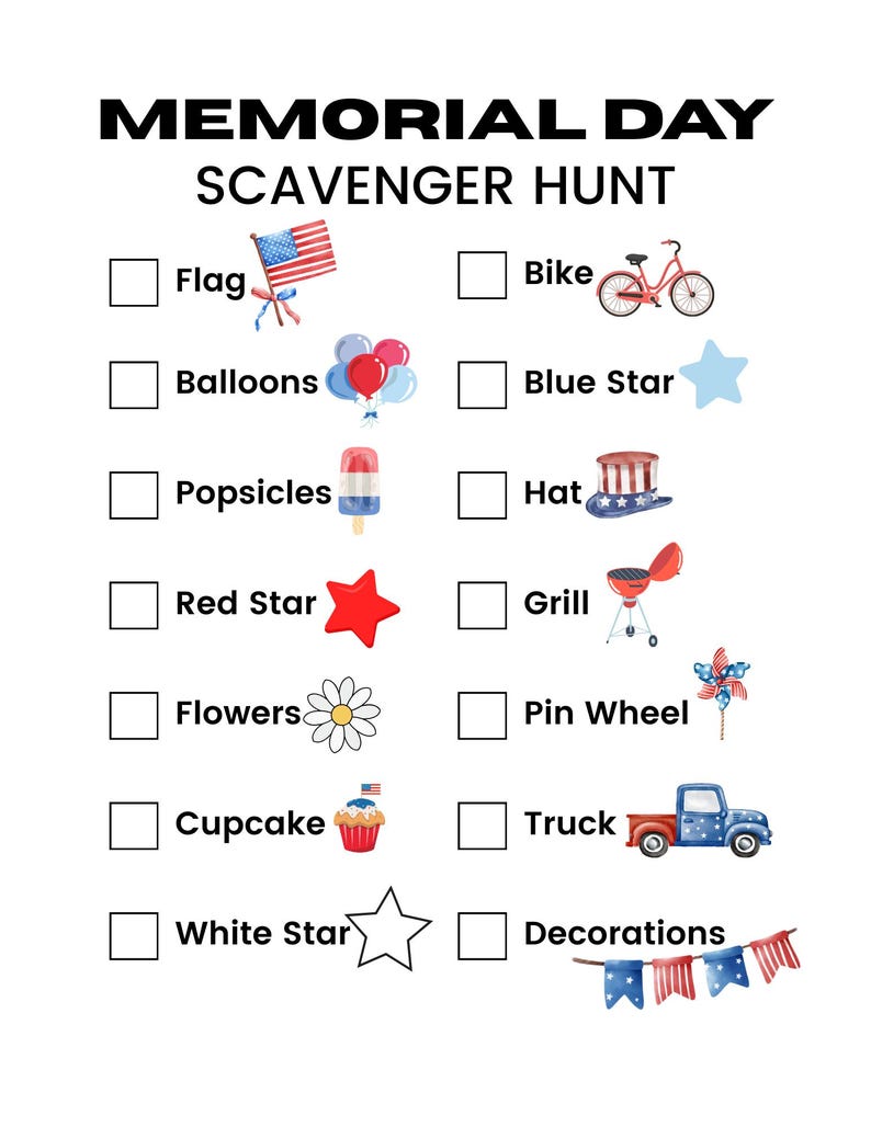 PERSONALIZED Memorial Day Scavenger Hunt for Kids & Toddlers! - Etsy