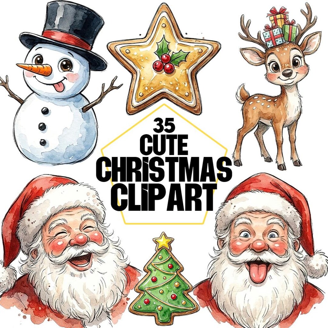 Cute Watercolor Christmas Clipart Bundle PNG | Holiday Illustrations ...