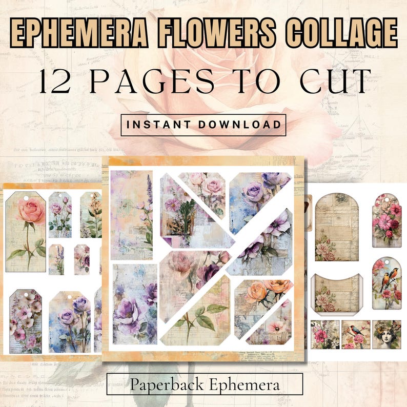 Vintage Floral Ephemera Collage Sheets: Junk Journal, Scrapbook (PDF ...