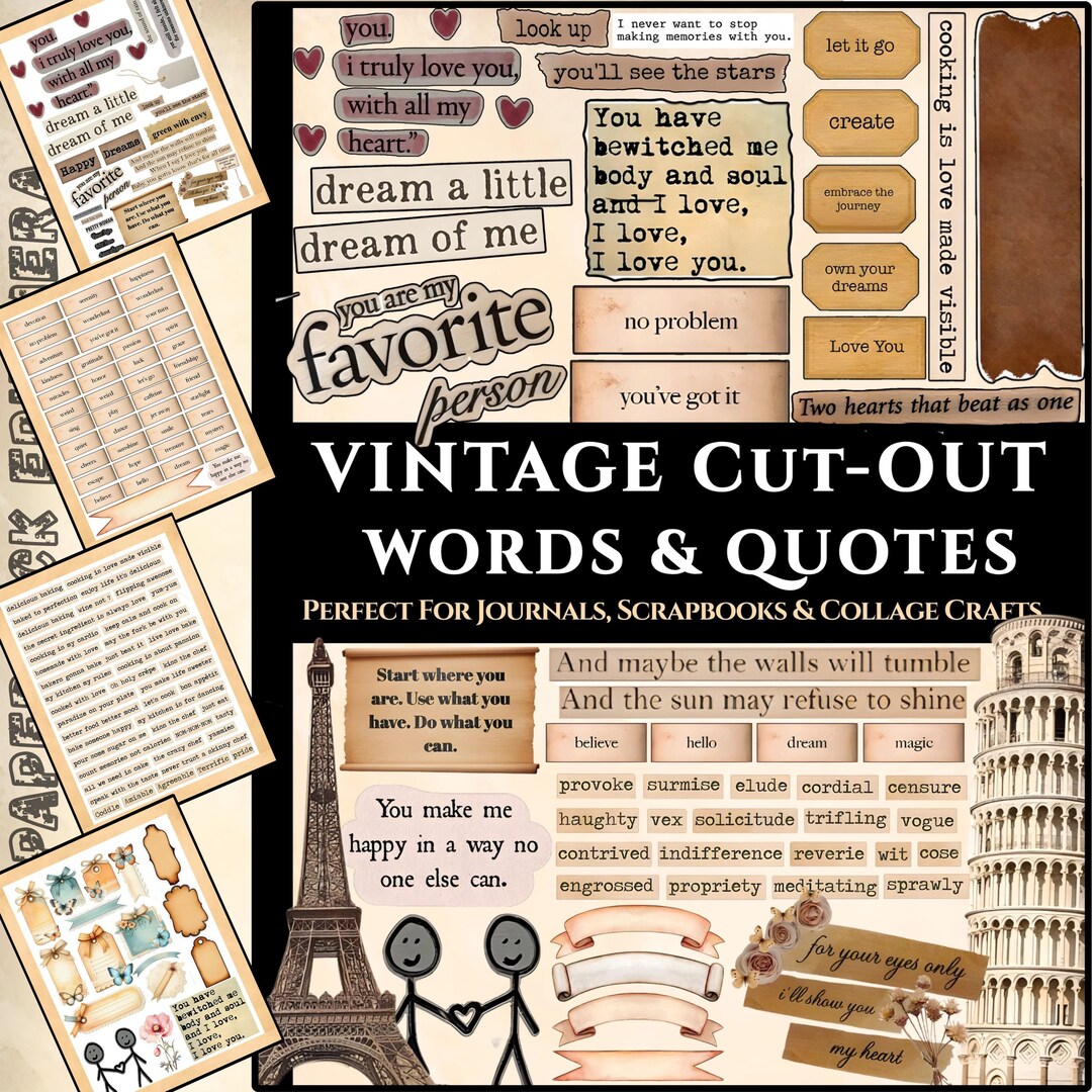Vintage Cut-out Words & Quotes Bundle 12 Printable Junk Journal ...