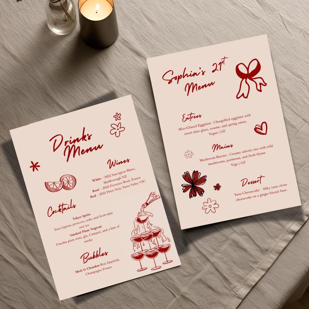 Red Bow Menu |custom A5 Menu Template | Printable Birthday, Hens Night ...