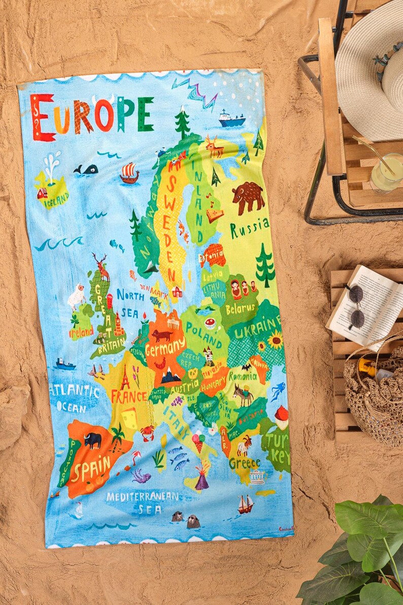 Europe Map Beach Towel – 70x140 Cm | Colorful European Themed Soft ...