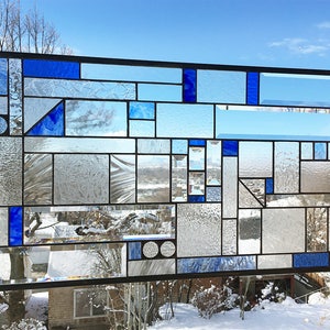 Stained Glass Window Panel--mission Style Clear & Blue Geometric -- 18 ...