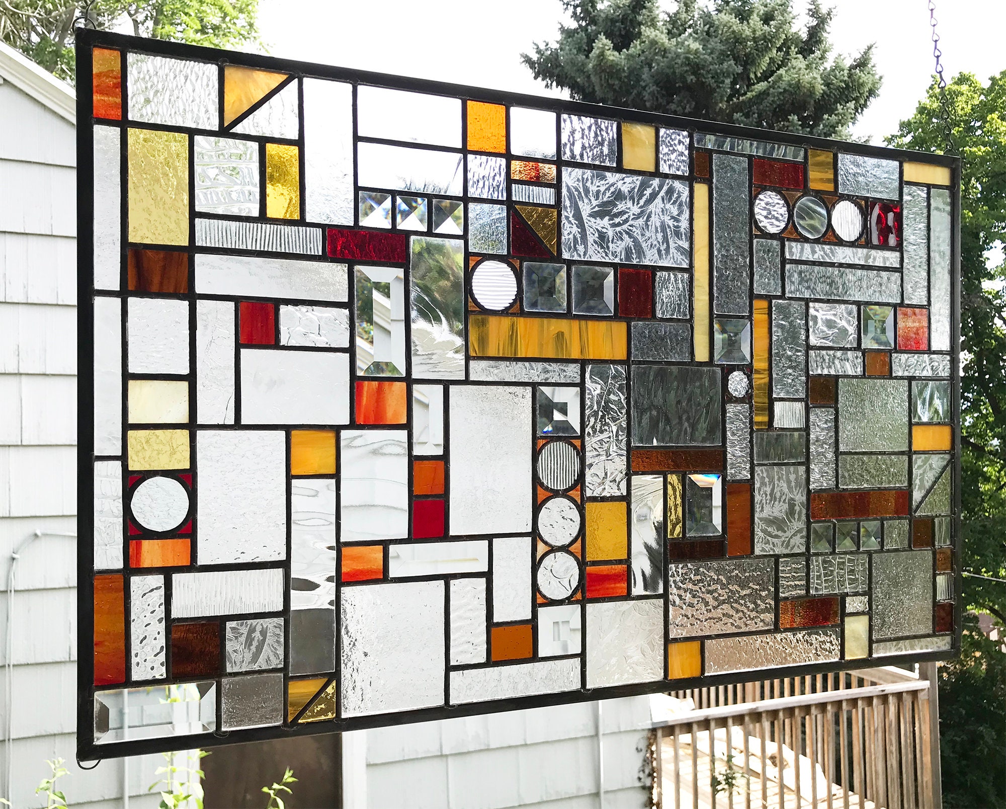 Stained Glass Window Panelmission Style Geo 28 Wide X - Etsy