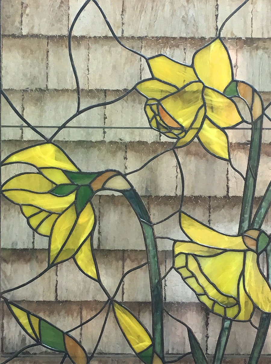 Stained Glass Window Daffodils Blooming 36 x | Etsy