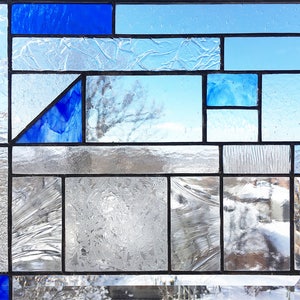 Stained Glass Window Panel--mission Style Clear & Blue Geometric -- 18 ...