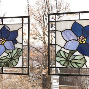 Blue Lotus Flower 1 & 2 -- Two 13.5" X 13.5" Stained Glass Window ...