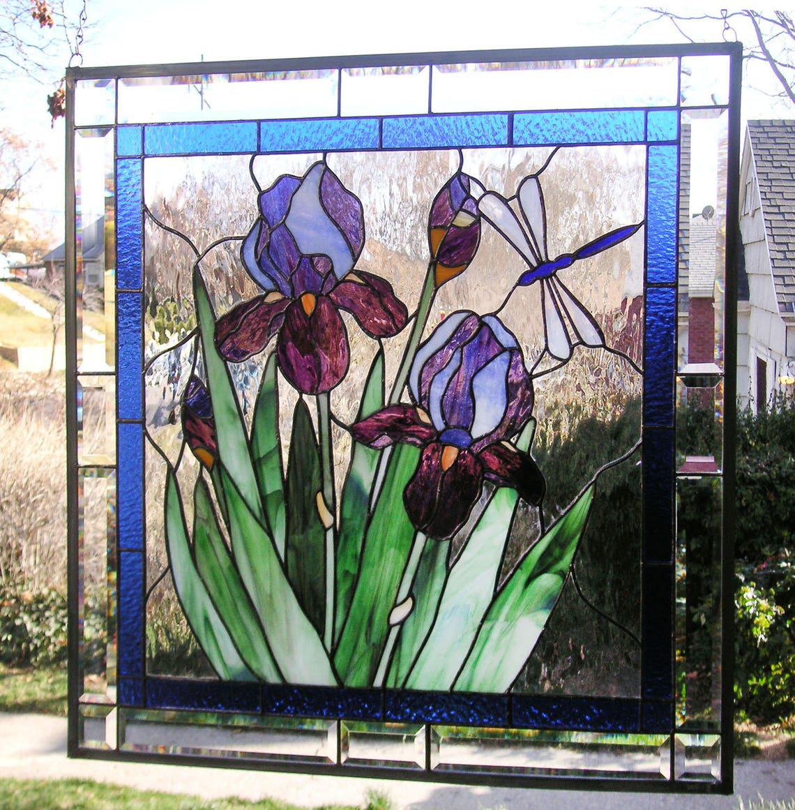 Stained Glass Window Panelpurple Iris With Dragonfly 28 - Etsy