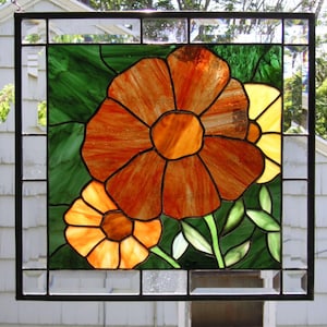 Stained Glass Window Panel--summer Marigolds - 16 " X 16" - Etsy