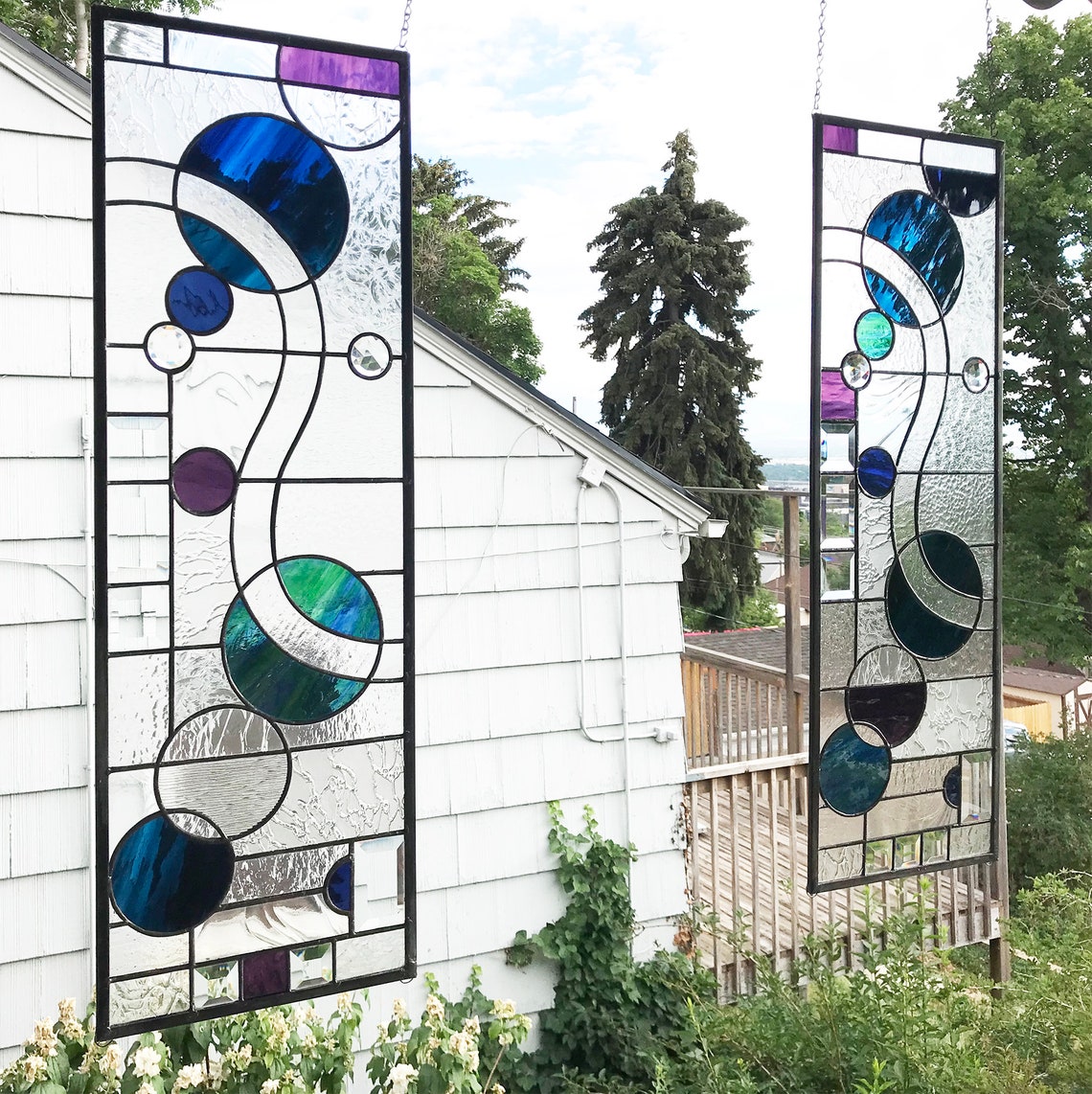 Stained Glass Transom Panels circle Study Geo in Blue Tones - Etsy