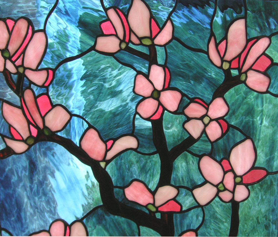 Stained Glass Window Panelpink Dogwood Flowers 24 X | Etsy