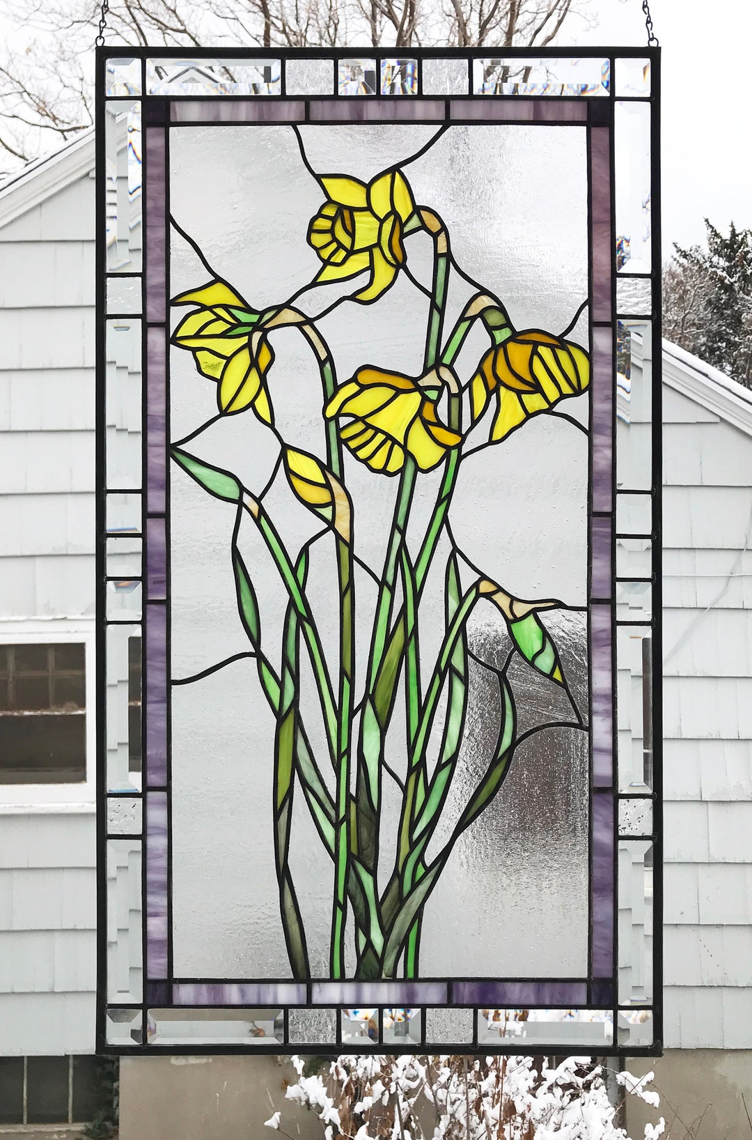 Stained Glass Window Panel--yellow Daffodils With Buds-- 20.25" X 34.75 ...
