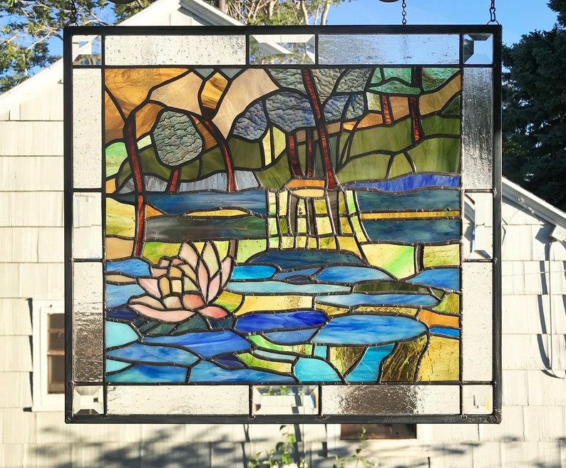 Stained Glass Window Panellily Pond Landscape Panel - Etsy