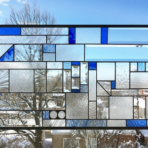Stained Glass Window Panel--mission Style Clear & Blue Geometric -- 18 ...