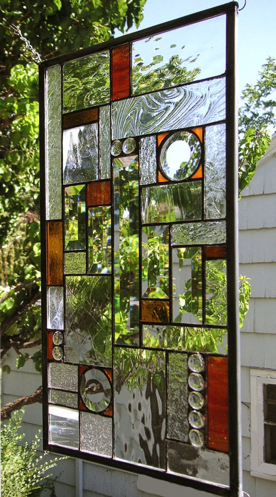 Stained Glass Window Panelmission Style Geo 2 in Red Clear | Etsy