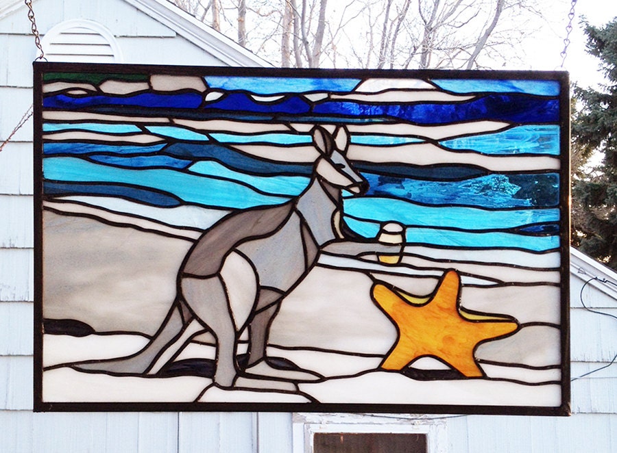 Stained Glass Window Panelbeach Scene With Kangaroo and | Etsy