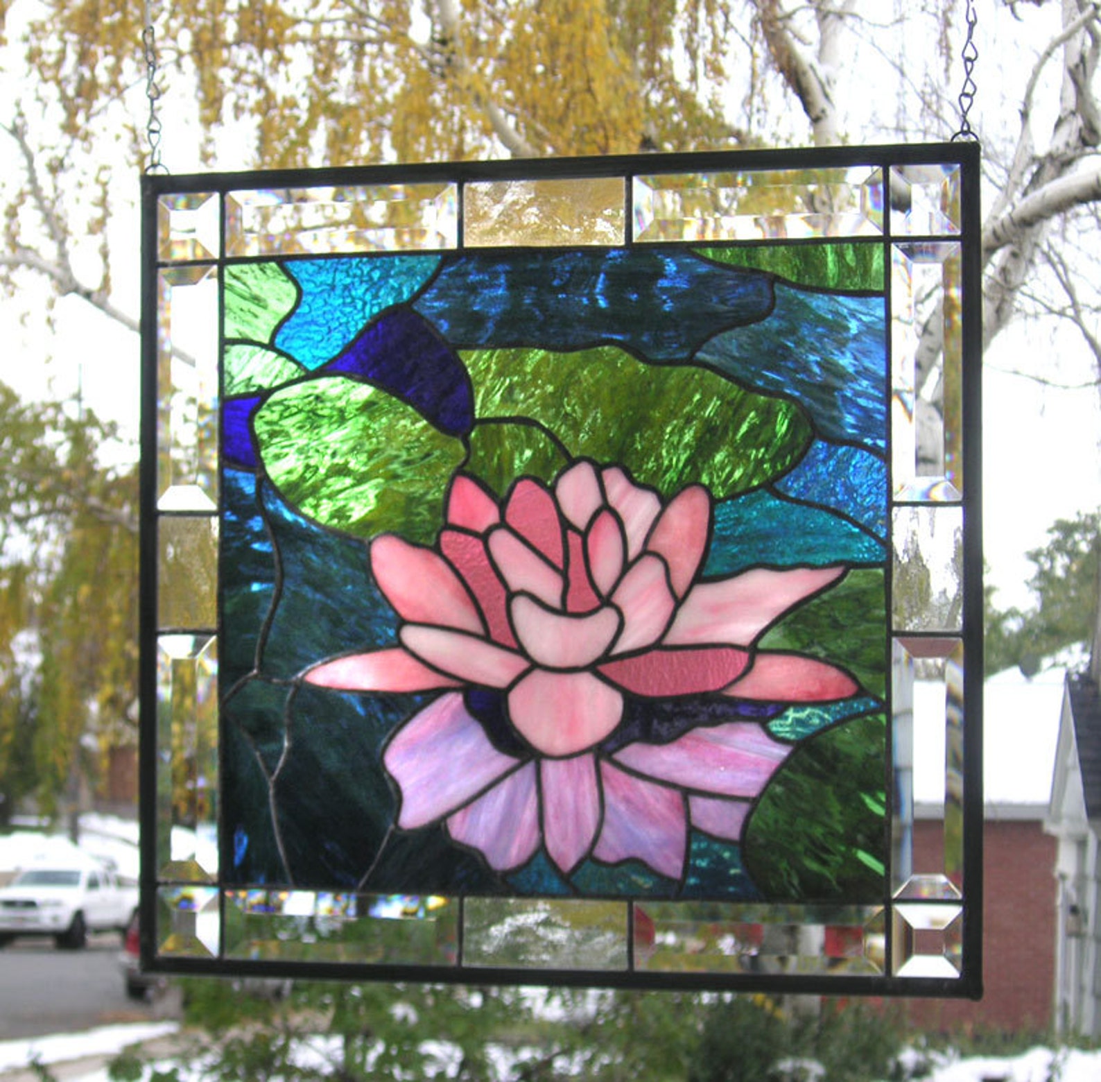 Stained Glass Window Panelpink Lotus Flower in a | Etsy