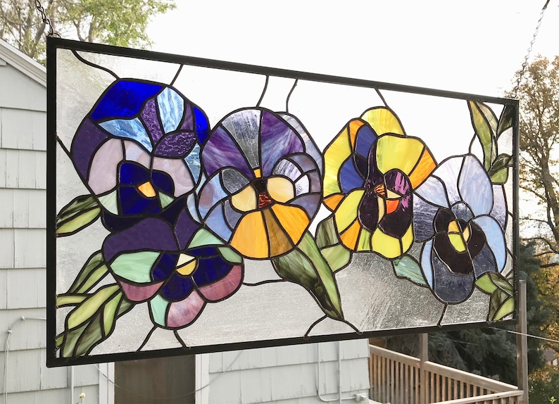 Stained Glass Window Panel--five Brightly Colored Pansies --11 5/8 ...