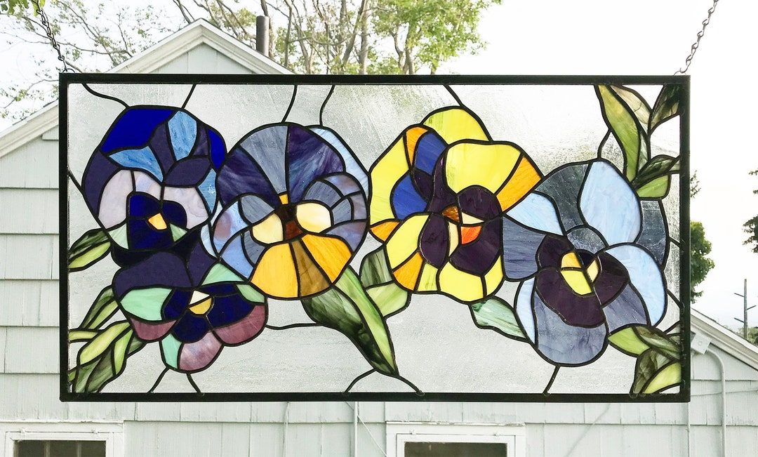Stained Glass Window Panel--five Brightly Colored Pansies --11 5/8 ...