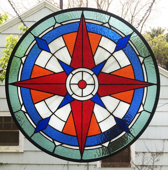 Stained Glass Window Panelcompass Design 16 3/8 - Etsy