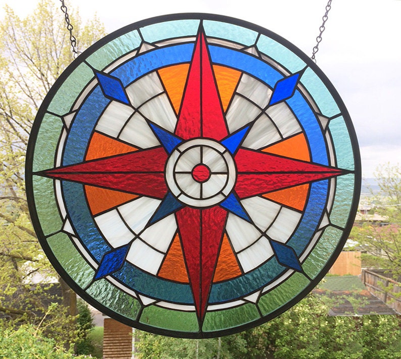 Stained Glass Window Panelcompass Design 19.75 - Etsy