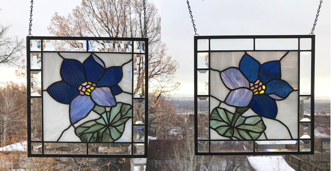 Blue Lotus Flower 1 & 2 -- Two 13.5" X 13.5" Stained Glass Window ...