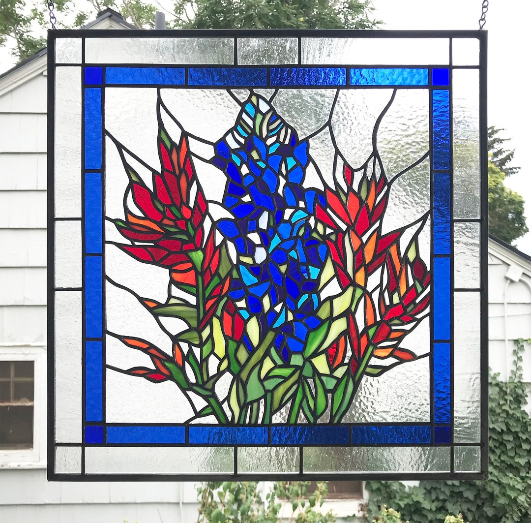 Stained Glass Panel-bluebonnet and Indian Paintbrush Flowers- 21" Wide ...