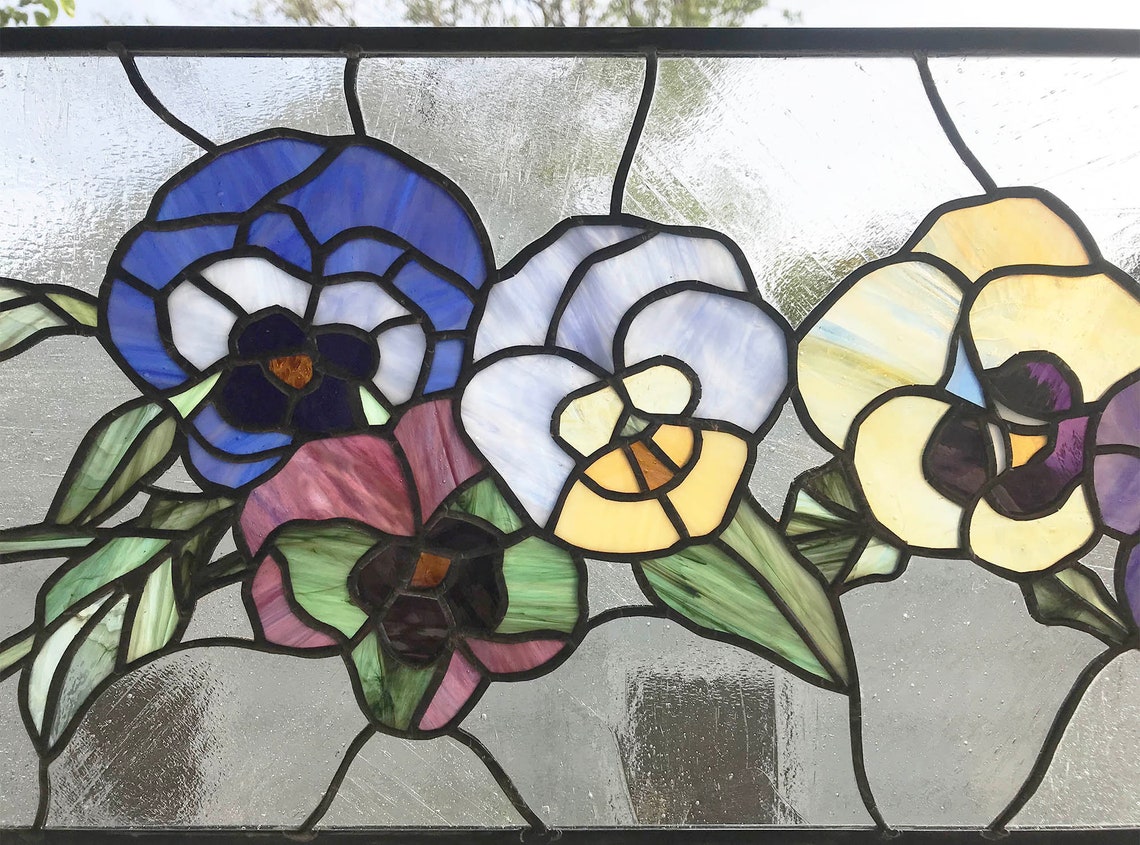 Five Pansies in Muted Tones --11 5/8" Tall X 25"wide-stained Glass ...