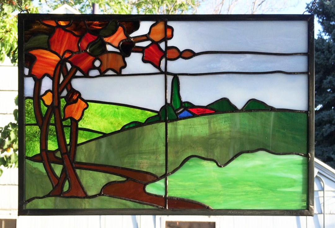 Stained Glass Window Panel--path Through Hills Panel --11" X 16.5" - Etsy
