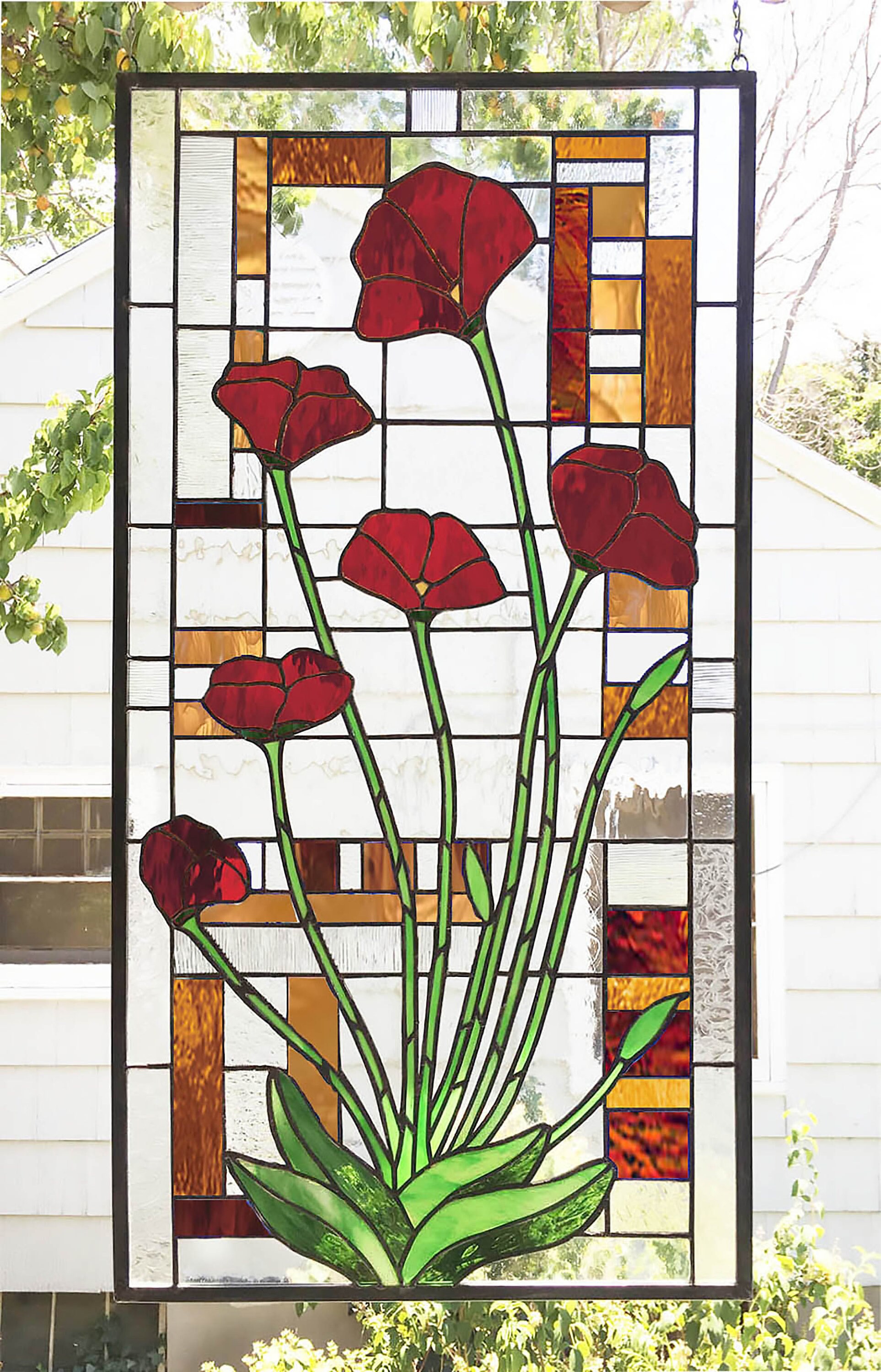 Stained Glass Window Panel--red Poppies Over Geo in Warm Tones - Etsy