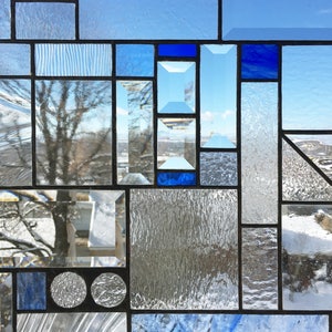 Stained Glass Window Panel--mission Style Clear & Blue Geometric -- 18 ...