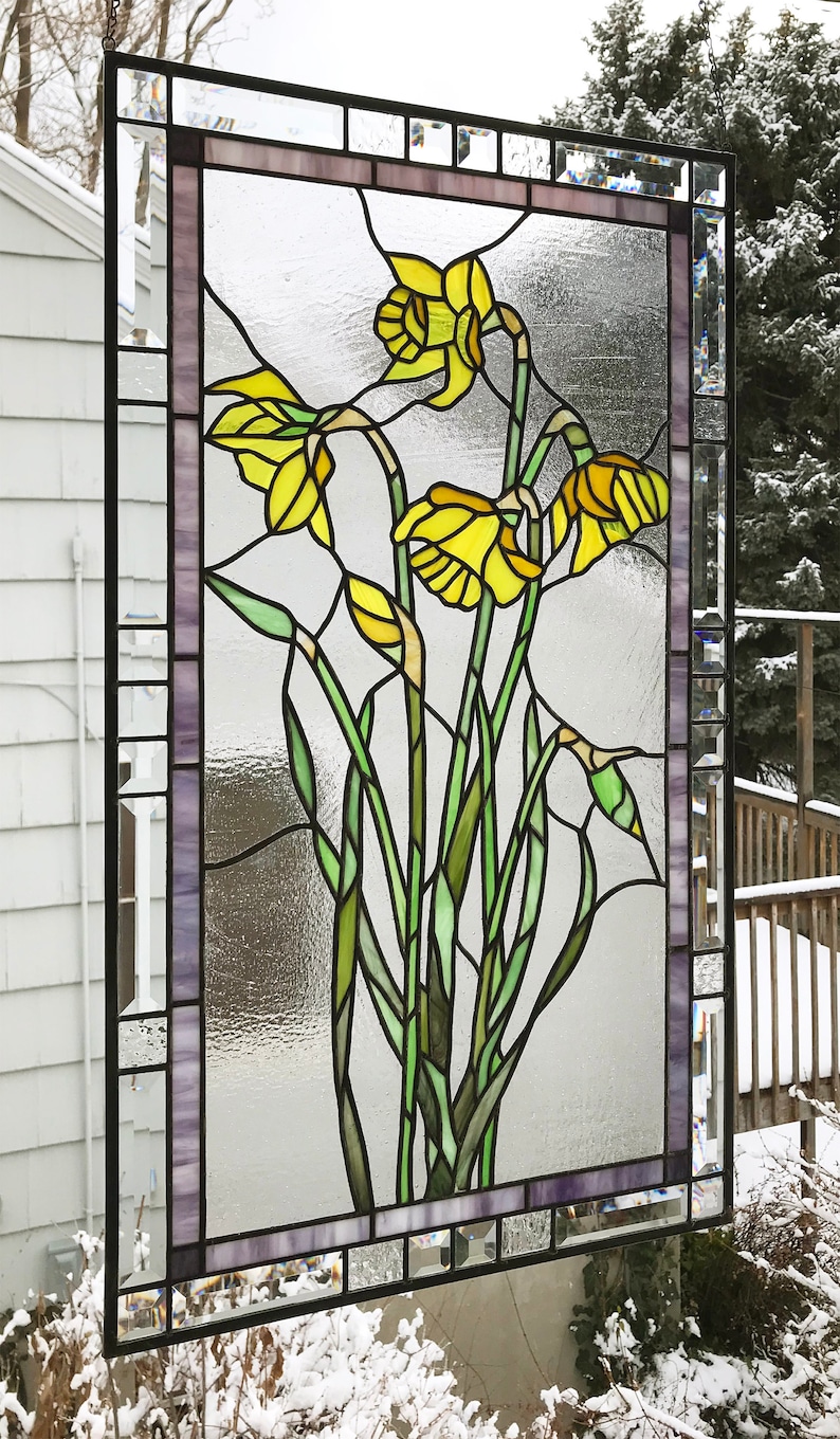 Stained Glass Window Panelyellow Daffodils With Buds - Etsy