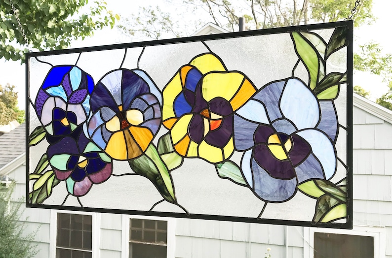 Stained Glass Window Panel--five Brightly Colored Pansies --11 5/8 ...
