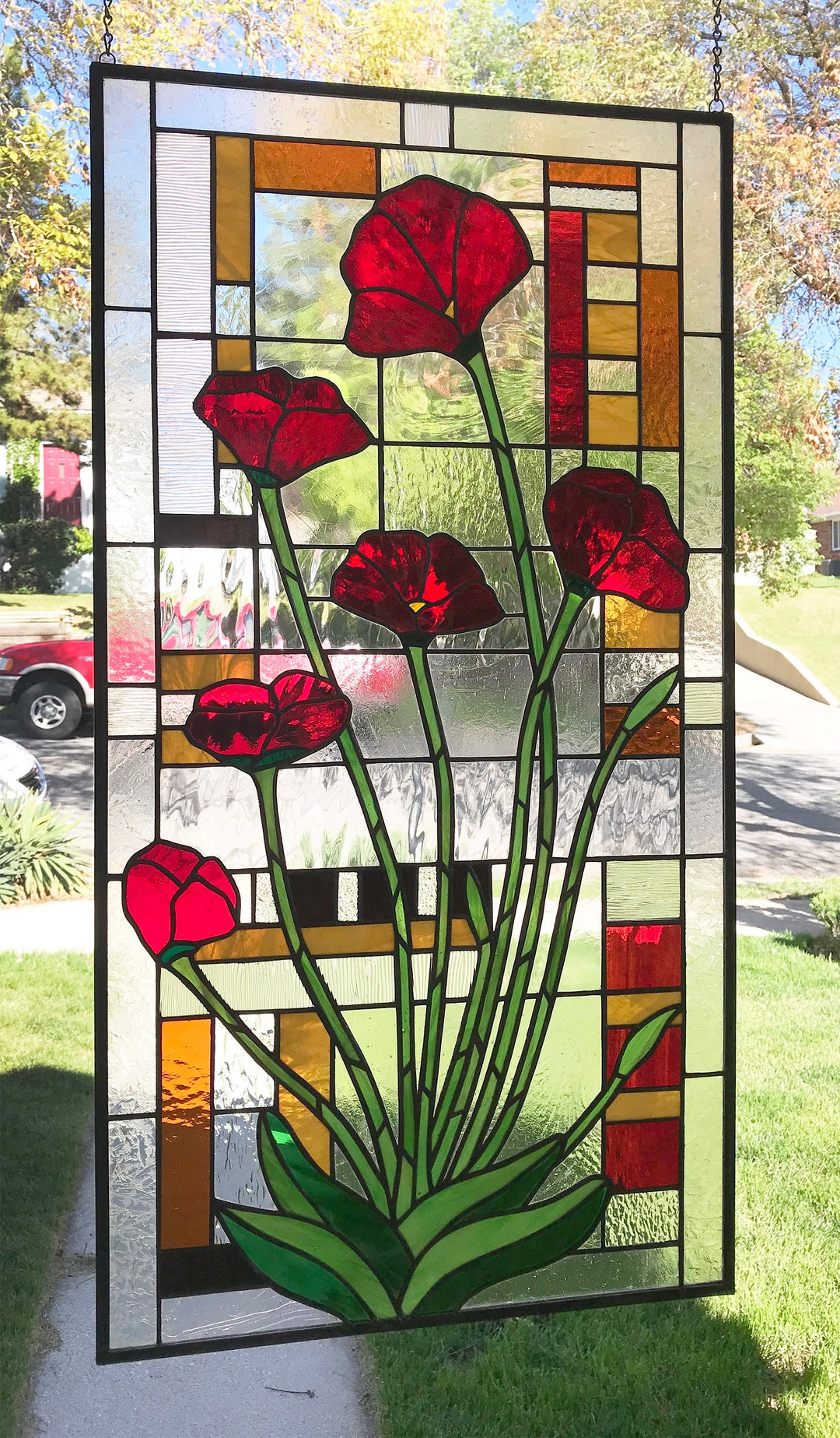 Stained Glass Window Panel--red Poppies Over Geo in Warm Tones - Etsy