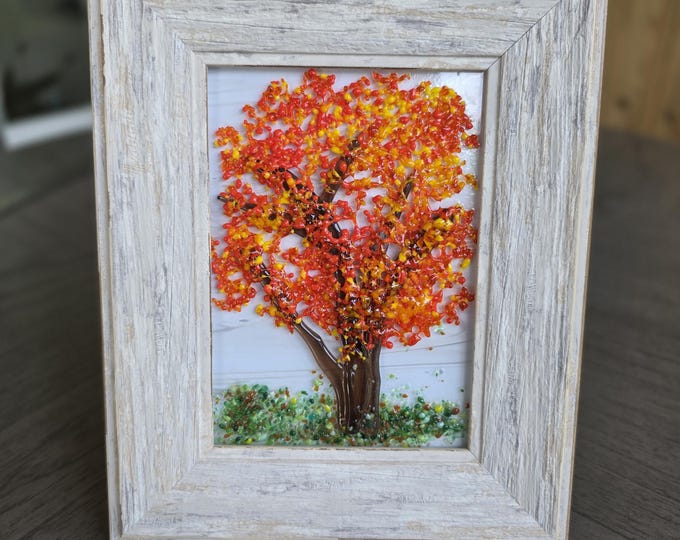 Autumn Fused Glass Tree Art, Fall Leaves, Orange Yellow Red Tones ...