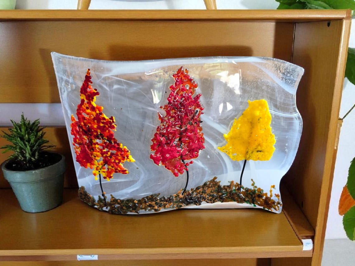 Fused Glass Fall Trees Wavy Panel: Autumn Decor, Candle Display - Etsy