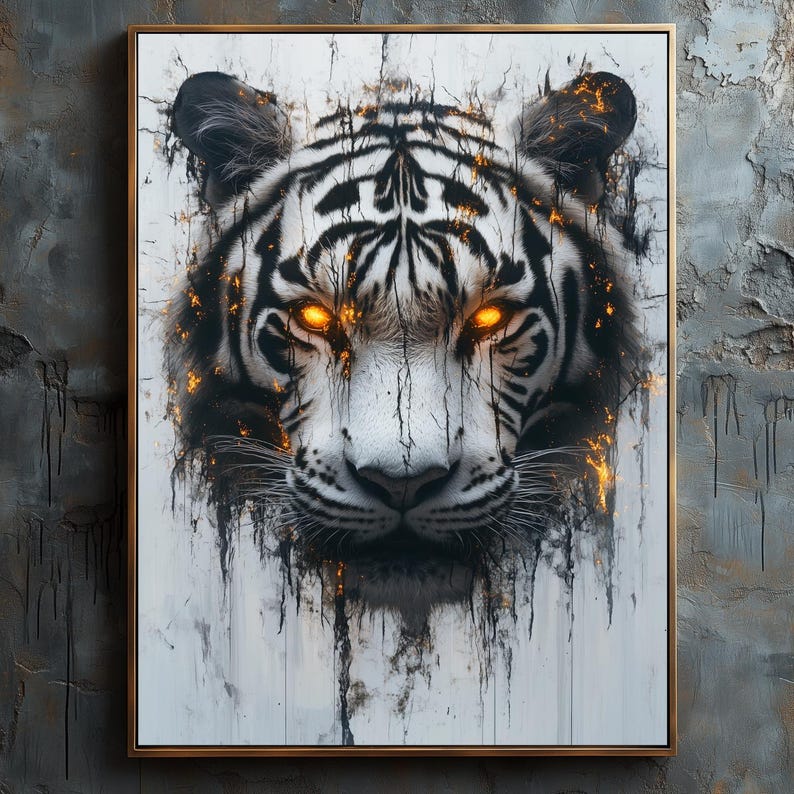 White Tiger Wall Art: Cracked & Dripping Paint Animal Print (digital ...