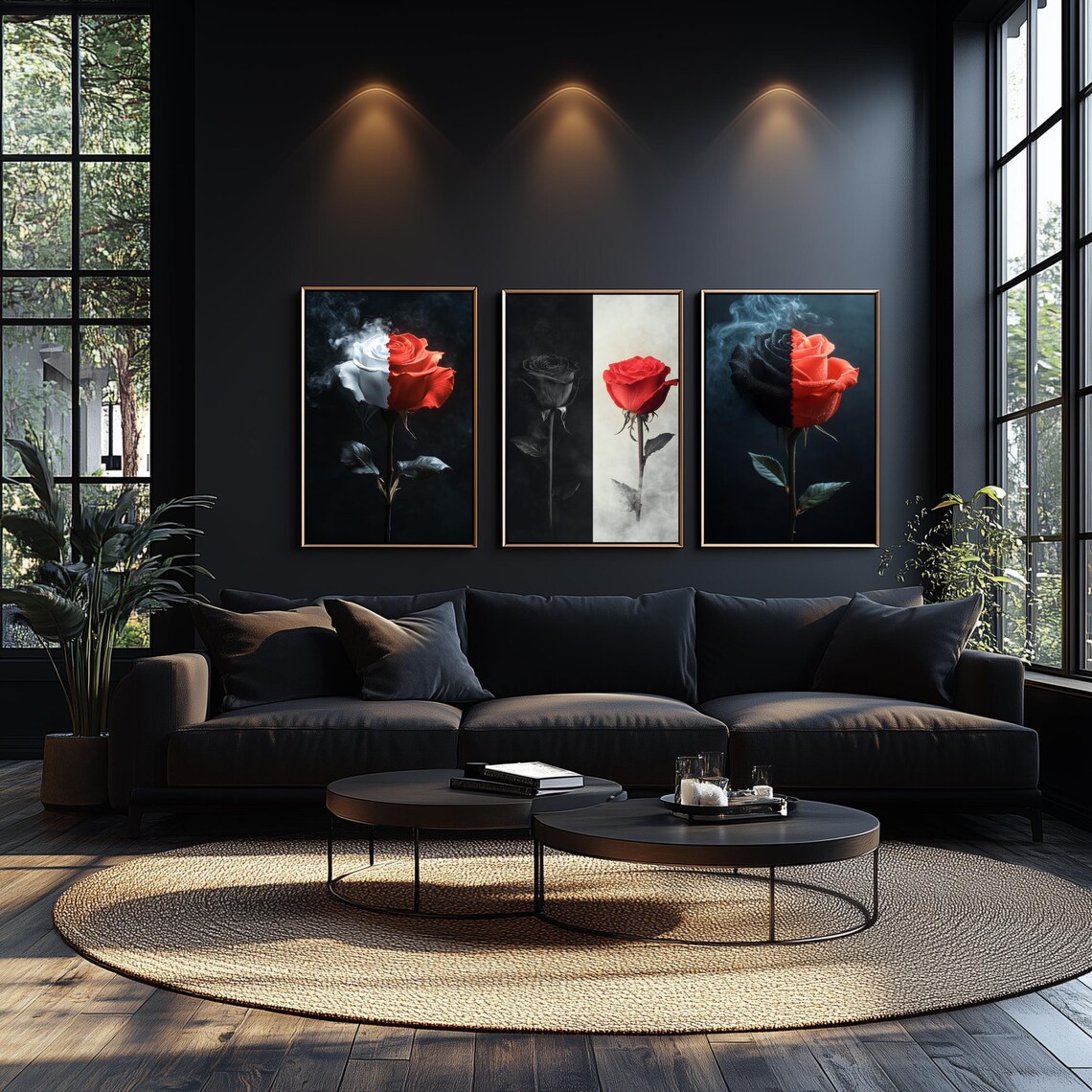 Black and Red Rose Art Print Set: Modern Floral Wall Decor (digital ...