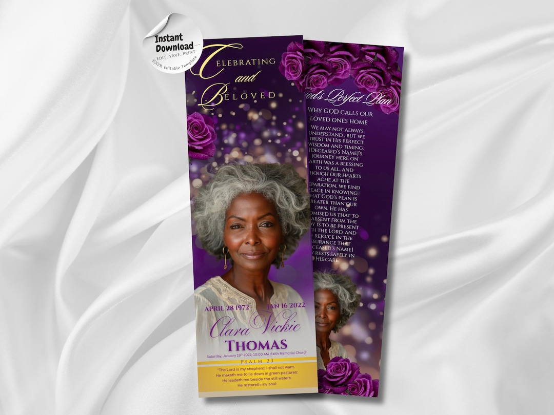 Editable Purple Roses Memorial Bookmark Template: Funeral Keepsake ...