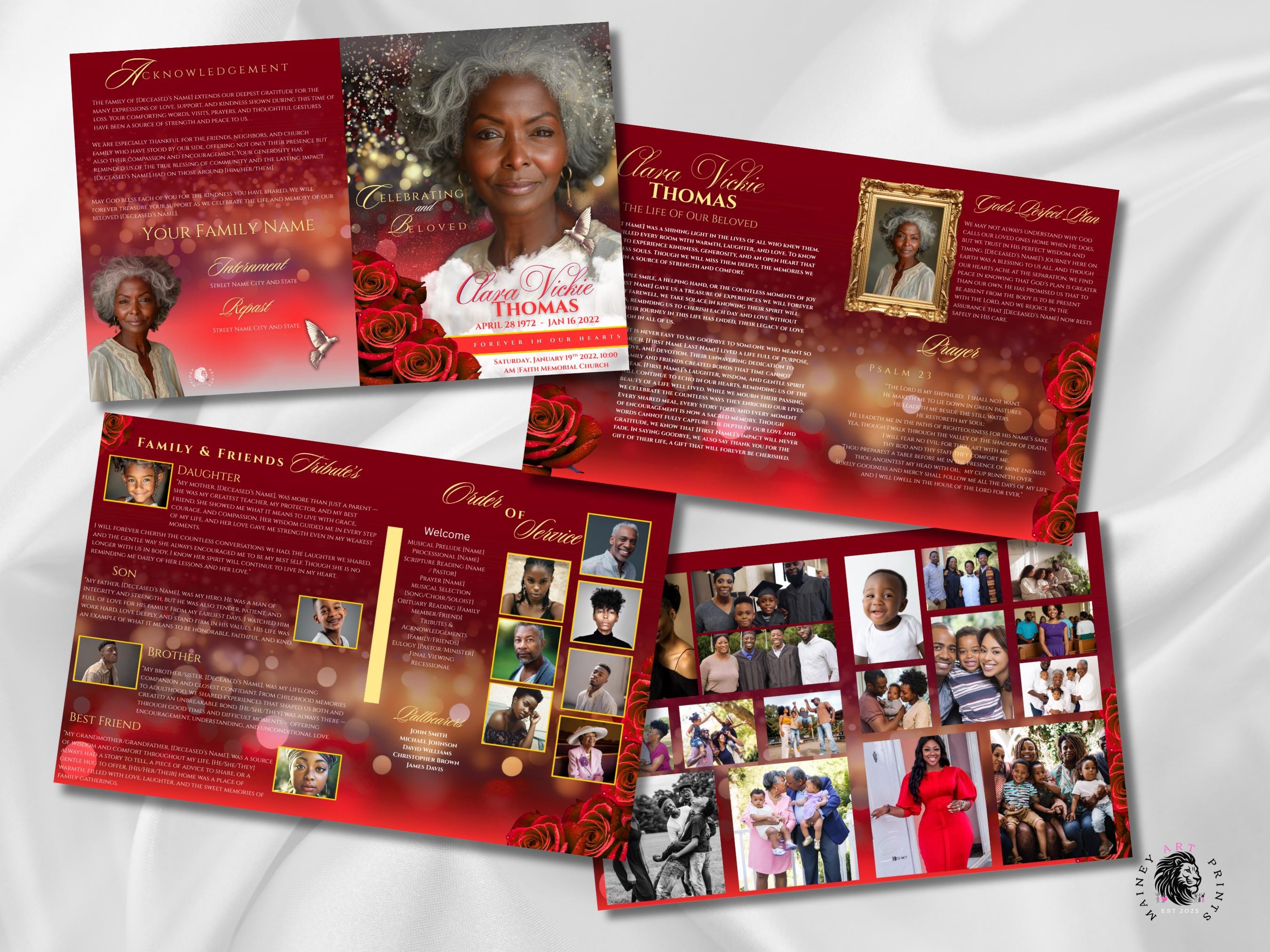 Royal Red Rose Funeral Program Template: Editable 8-page Memorial ...