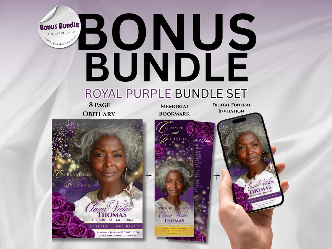 Royal Purple Bundle Set: Editable 8-page Obituary, Memorial Bookmark ...
