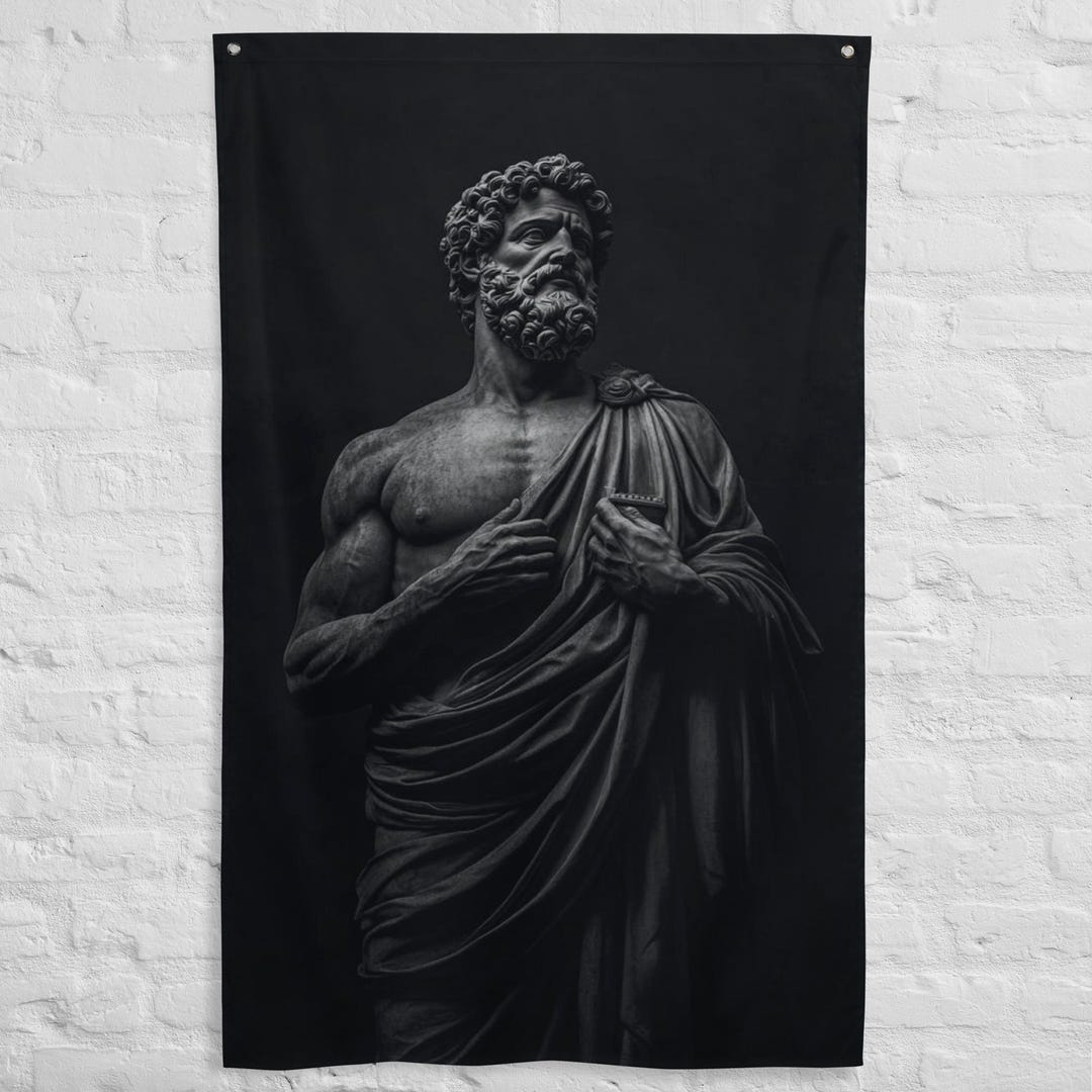 Antique Statue Wall Flag – Inner Strength & Discipline | Dark Wall ...