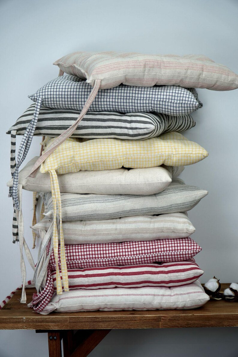 Rustic Linen Black Stripe Chair Cushion With Ties – Farmhouse Seat Pad ...