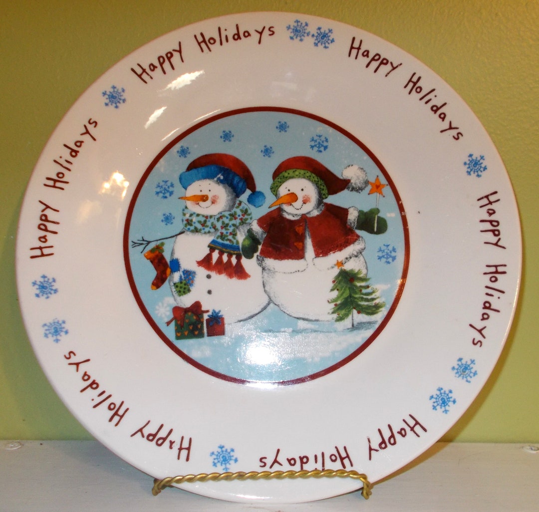 Christmas Plate 10.5 Happy Holidays Snowmen Glass Kitchenware ...