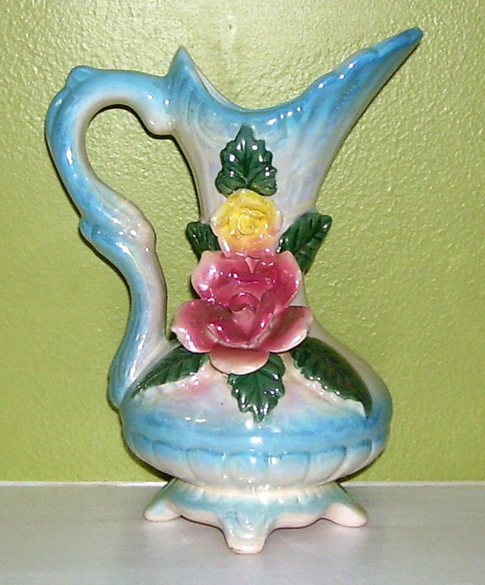 Ceramic Victorian Pitcher Fancy White/blue Pink & Yellow Roses - Etsy