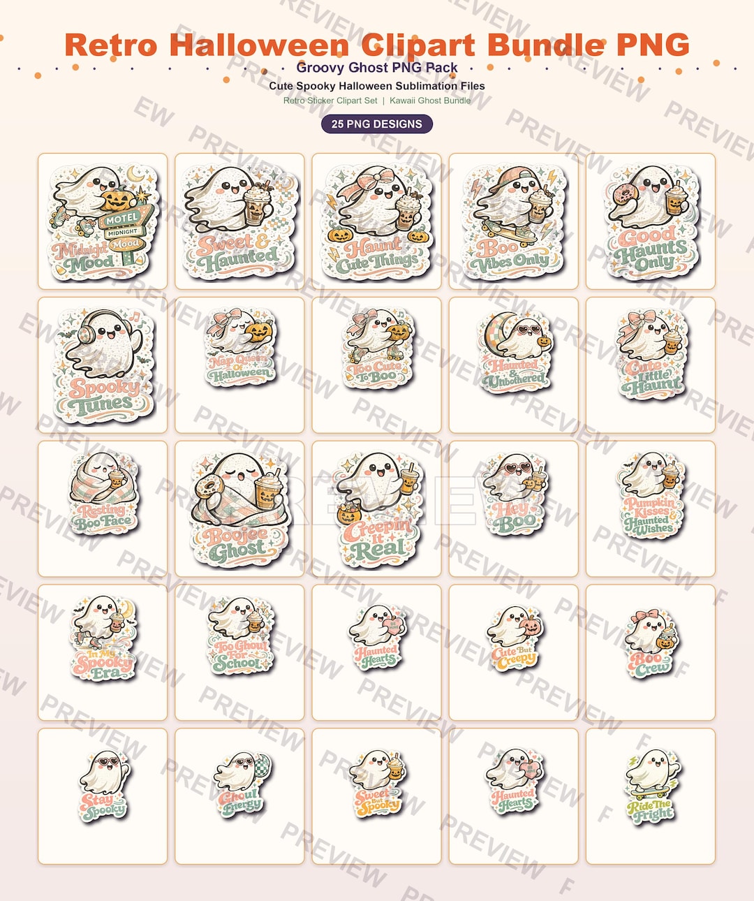 Retro Halloween Ghost Clipart Bundle, Groovy Spooky PNG Files (digital ...