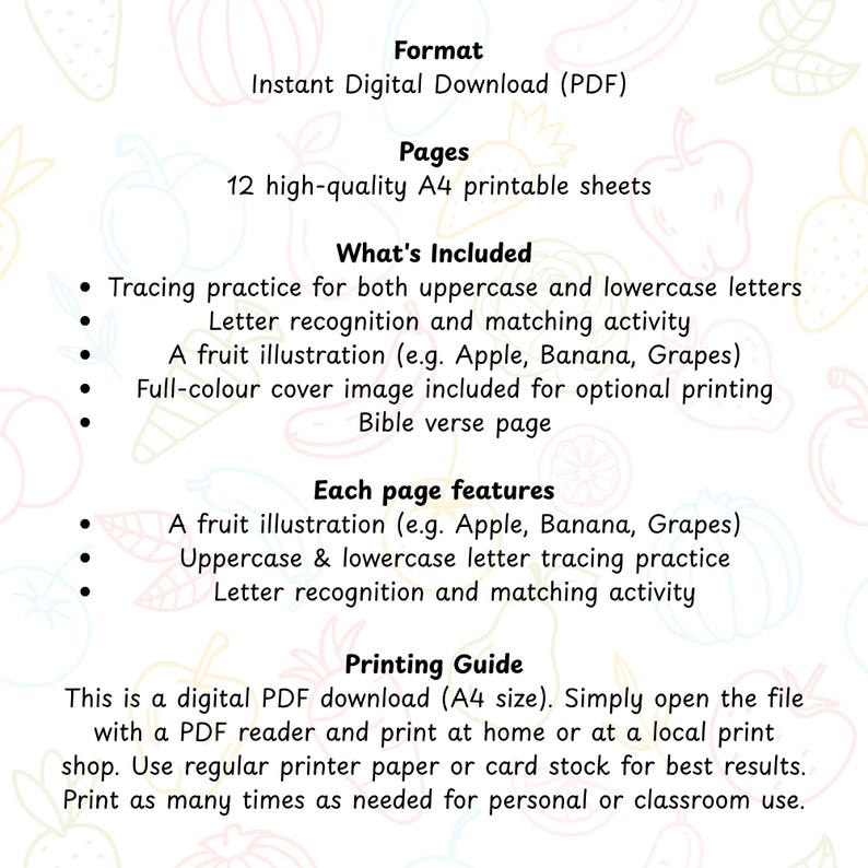 Fruit of the Spirit ABC Tracing Book: Christian Printable (PDF Download A4 Pages) - Etsy